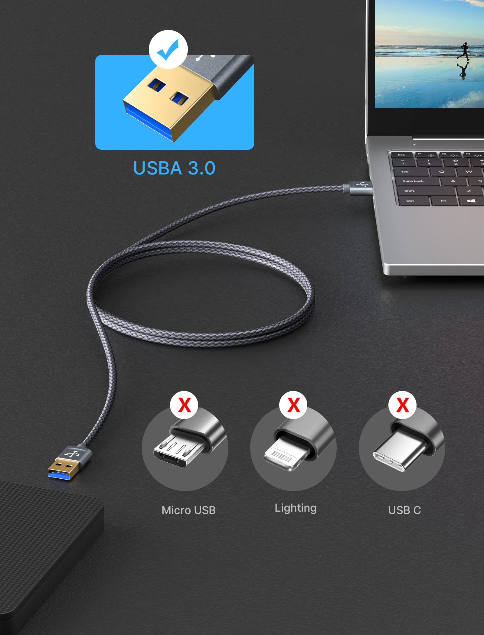 JSAUX USB 3.0 A to A Male Cable, USB to USB Cable 2 Pack(3.3ft+6.6ft) USB Male to Male Cable Double End USB Cord with Gold-Plated Connector for Hard Drive Enclosures, DVD Player, Laptop Cooler (Grey)