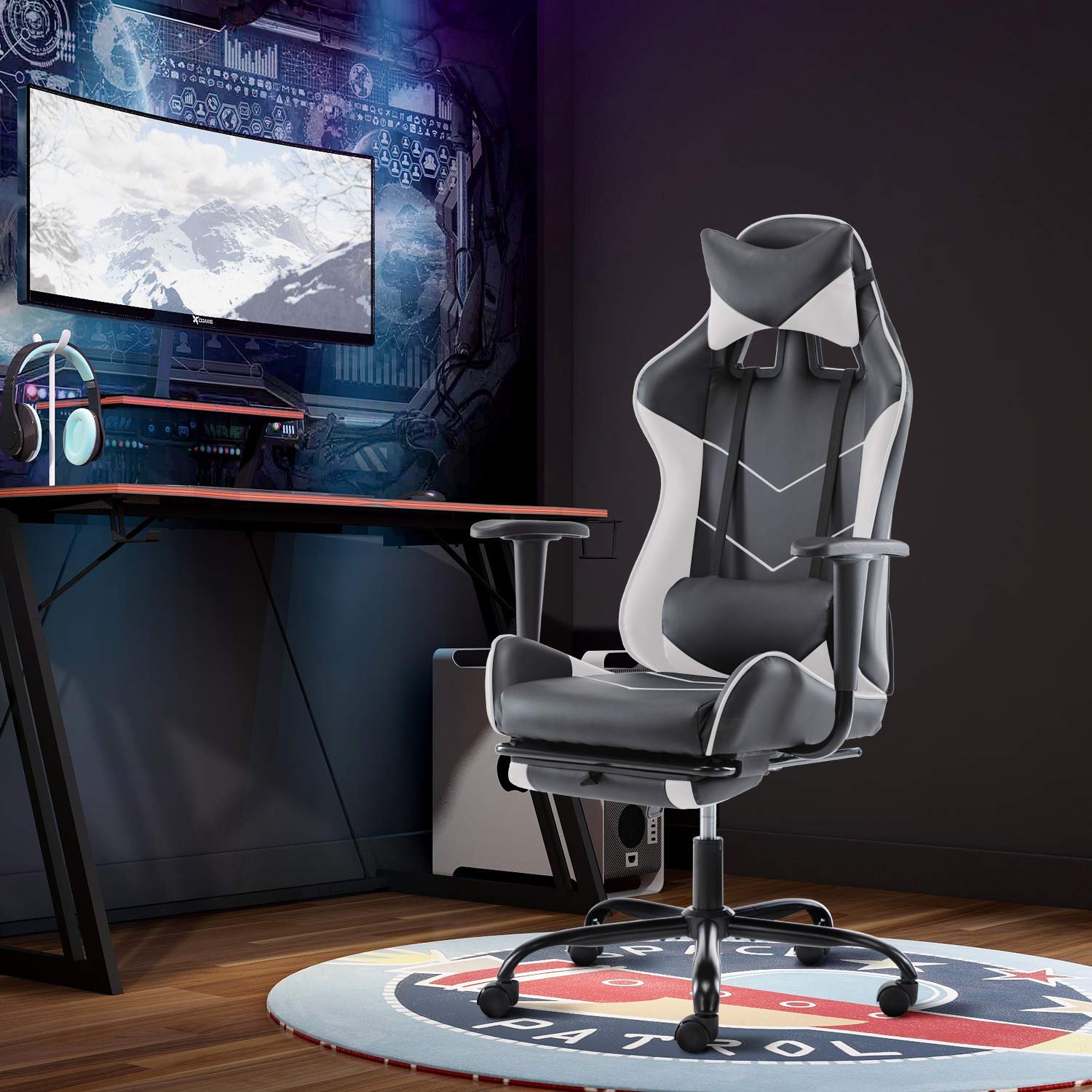 Gaming Chair PU Leather Racing Chair with Footrest, High Back Recliner Swivel Office Chair Headrest Ergonomic Lumbar Support Desk Chair, Executive Task Computer Chairs, White