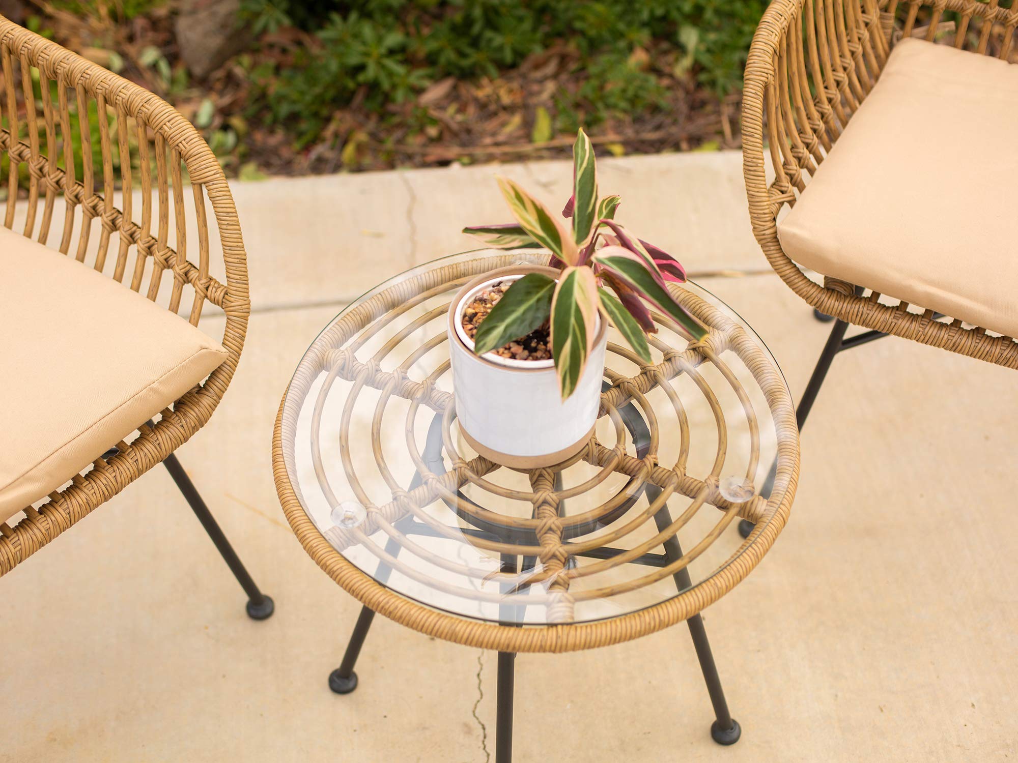 Barton 3pcs Outdoor Bistro Chat Set Patio Conversation Wicker Chairs Glass Table with Seat Cushions, Beige