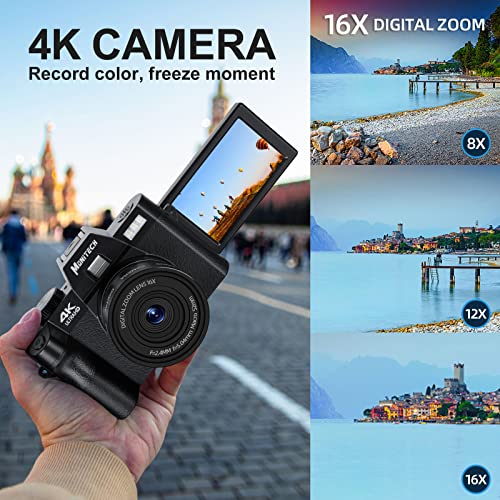 Monitech Digital Camera for Photography and Video, 4K 48MP Vlogging Camera for YouTube with 180° Flip Screen,16X Digital Zoom, 2 Batteries,32GB TF Card