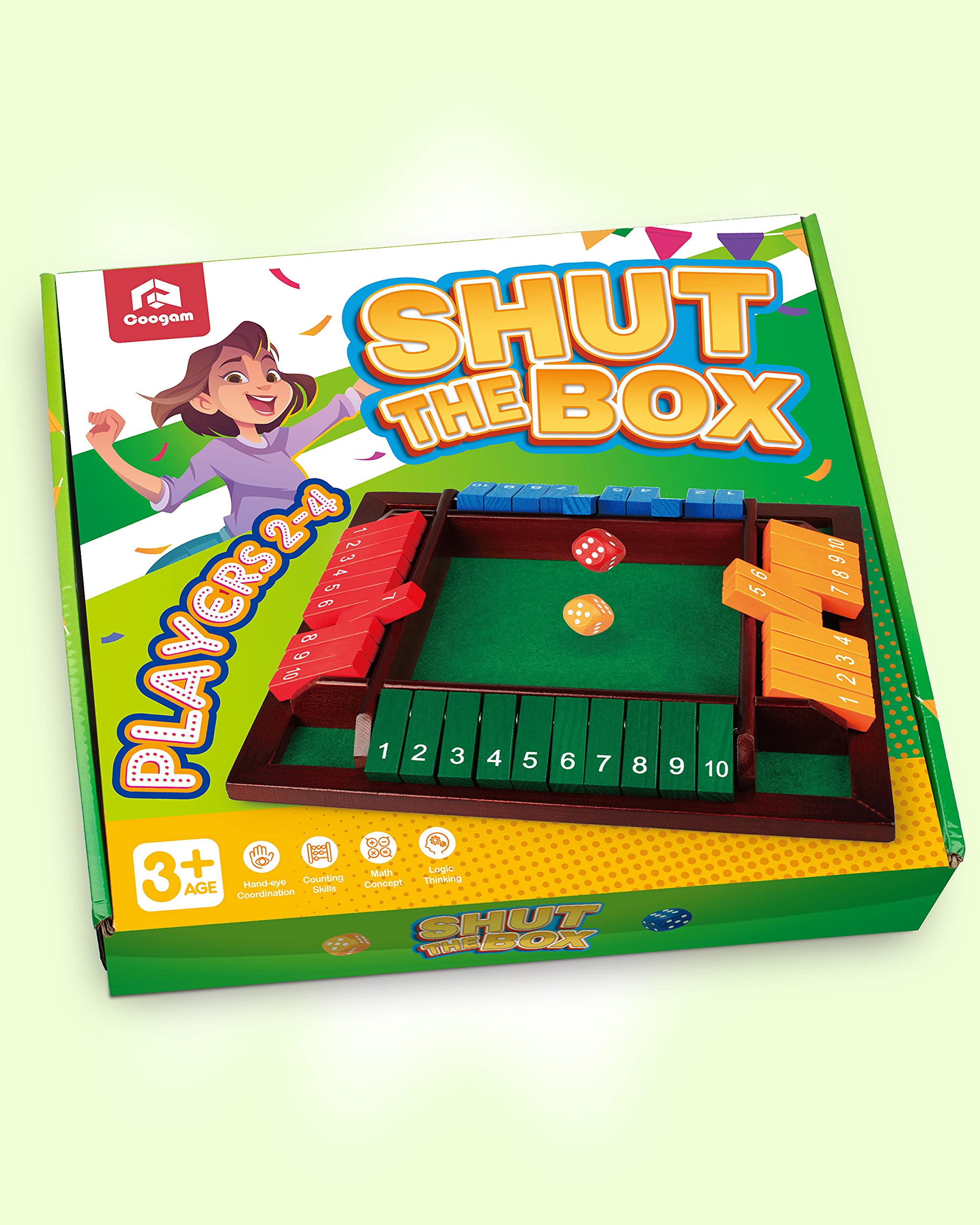 Coogam Shut The Box Dice Game Wooden Board Math Number Game Family Pub Bar 1-4 Players with 10 Colored Dice for Adults Kids