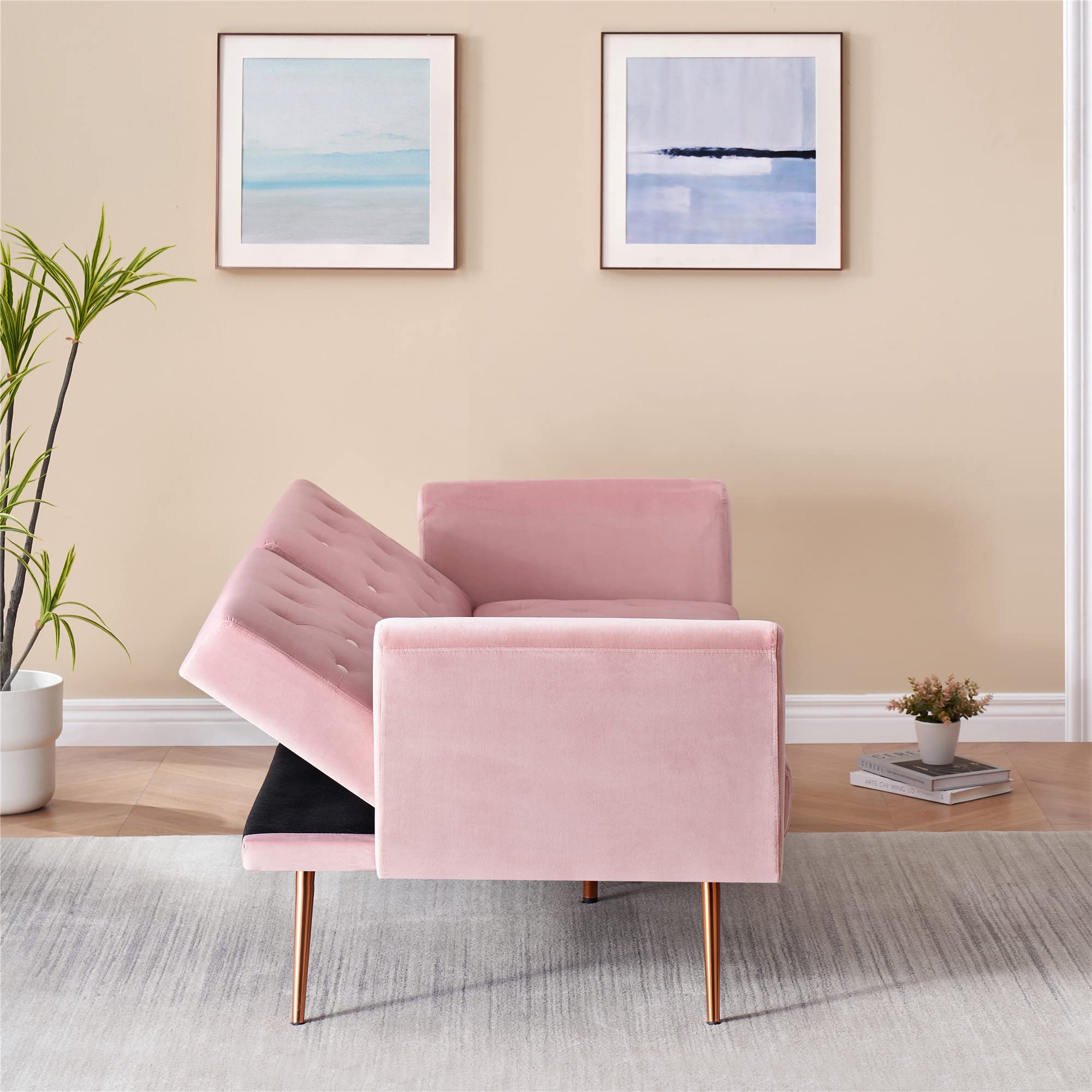 PBOGHLRD Convertible Velvet Futon Sofa, Folding Loveseat Sofa with Throw Pillow and Midfoot, Small Sleeper Couch Bed for Living Room, Bedroom, Home Office (Pink)