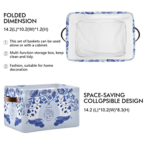 JUAMA Staffordshire Dogs in Chinoiserie Style Blue and White Porcelain Large Foldable Open Storage Bins With Handles Rectangular Baskets Cube for Closet Office Nursery Toys Bedroom Home Organizer