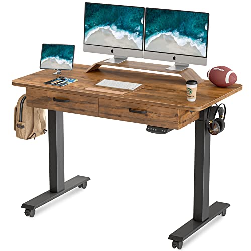 BANTI Adjustable Height Electric Standing Desk, Stand Up Home Office Desk with Splice Tabletop, Black Frame/Rustic Brown Top