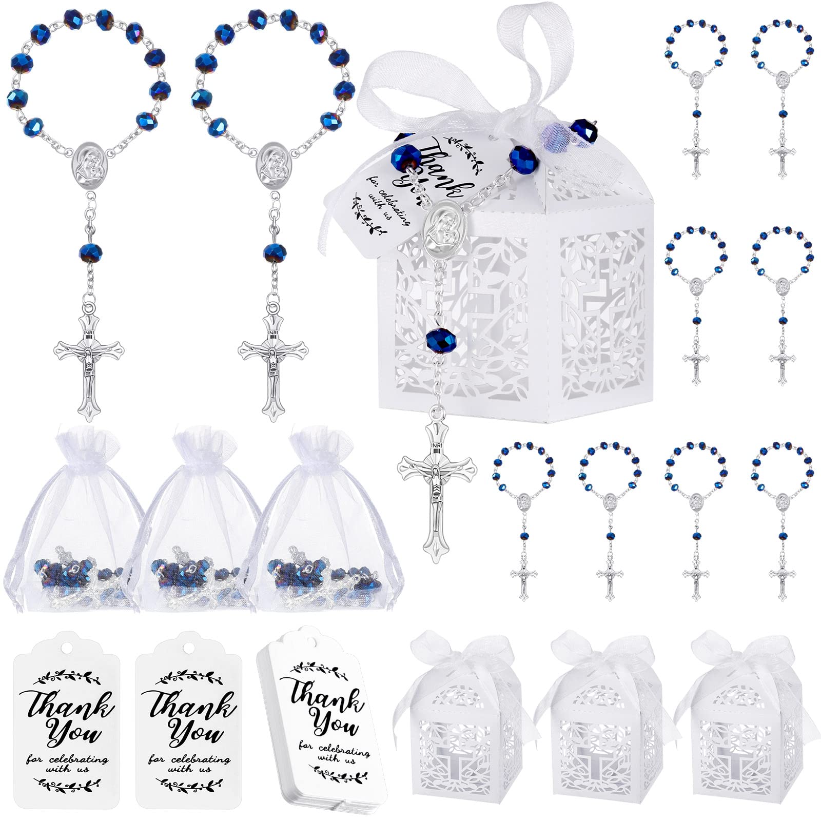 Yinkin 100 Pcs Baptism Favors Set Baptism Rosary Set Including 25 Mini Rosary Baptism Favors 25 Organza Bags 25 Thank Kraft Tags 25 Baptism Favor Boxes for Wedding Supplies Gifts(Blue)