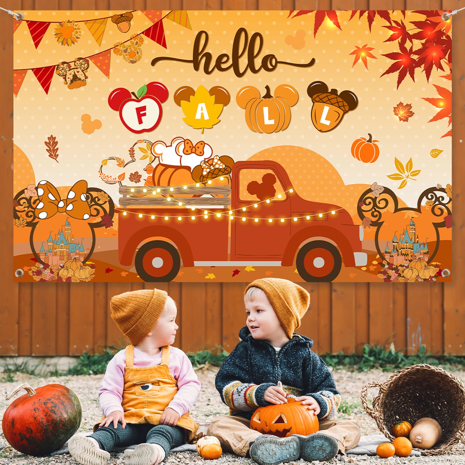 Hello Fall Backdrop Decoration,Fall Theme Supplies Mouse Pumpkin Photography Background Banner Maple Leaf Photo Props for Thanksgiving Party Decoration