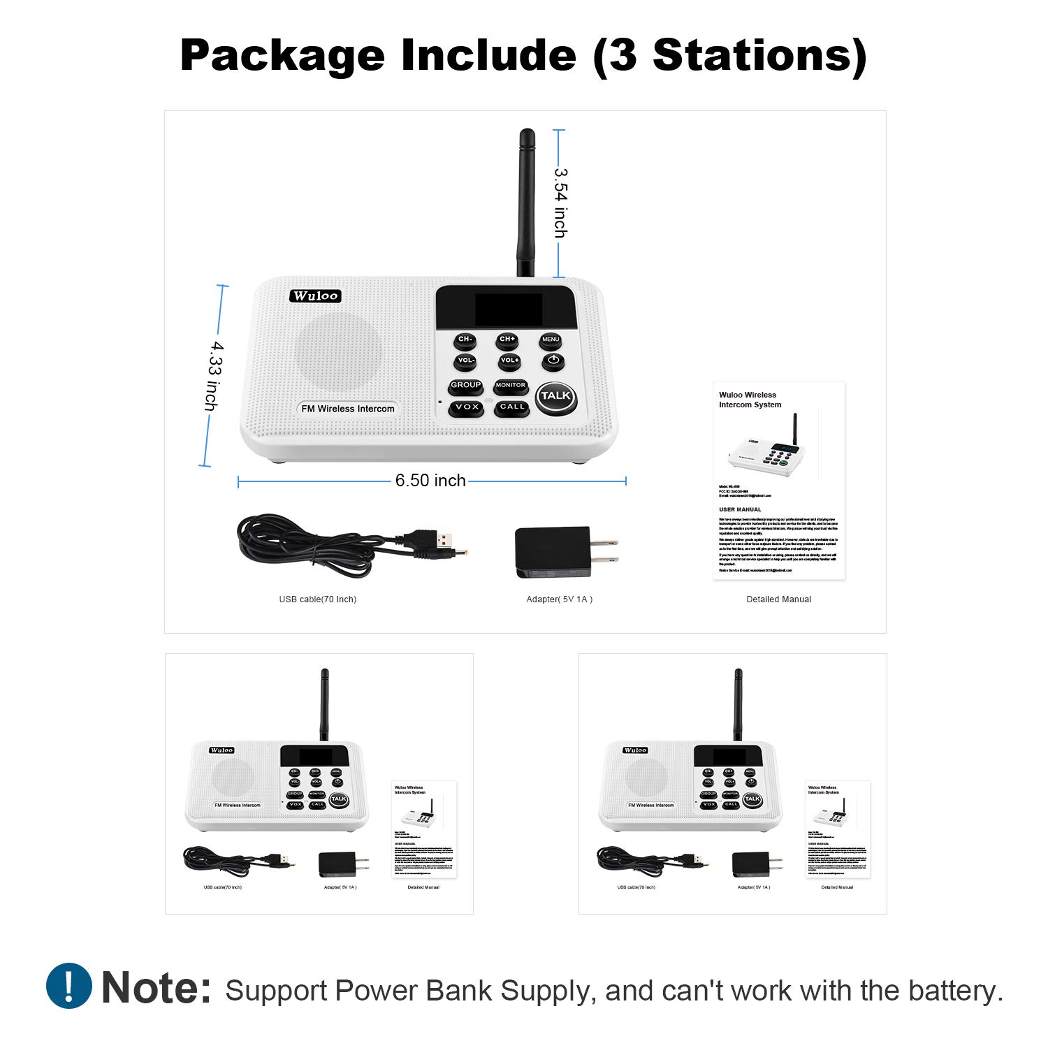 Wuloo Intercoms Wireless for Home 1 Mile Range 22 Channel 100 Digital Code Display Screen, Wireless Intercom System for Home House Business Office, Room to Room Intercom Communication(3Stations White)