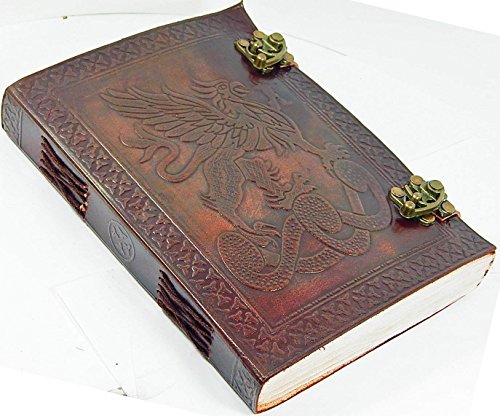 MONTEXOO Leather Journal Dragon Dungeons Dragonette Diary Sketchook Notebook with Lock for Men Women Dnd Travel Bullet Handmade Vintage Old Antique Writing Large Old Cool Brown 8 Inch