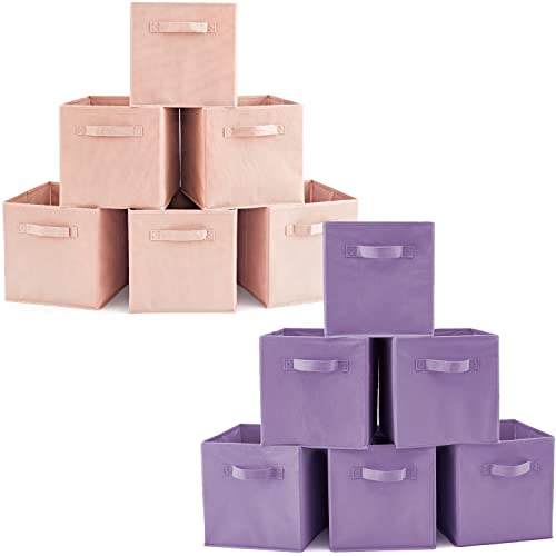 EZOWare Set of 12 Foldable Basket Bin Collapsible Storage Cube for Nursery, Kids Toys Organizer, Shelf Cabinet - (Pale Dogwood + Purple)