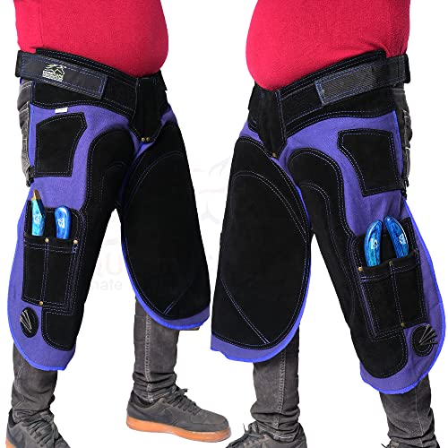 Equine Care Farrier Apron Chap Back Support - Cowhide Suede Leather, 4 Knife Pocket, 2 Nail Magnets, Adjustable Velcro Buckle - 25 inches/65cm