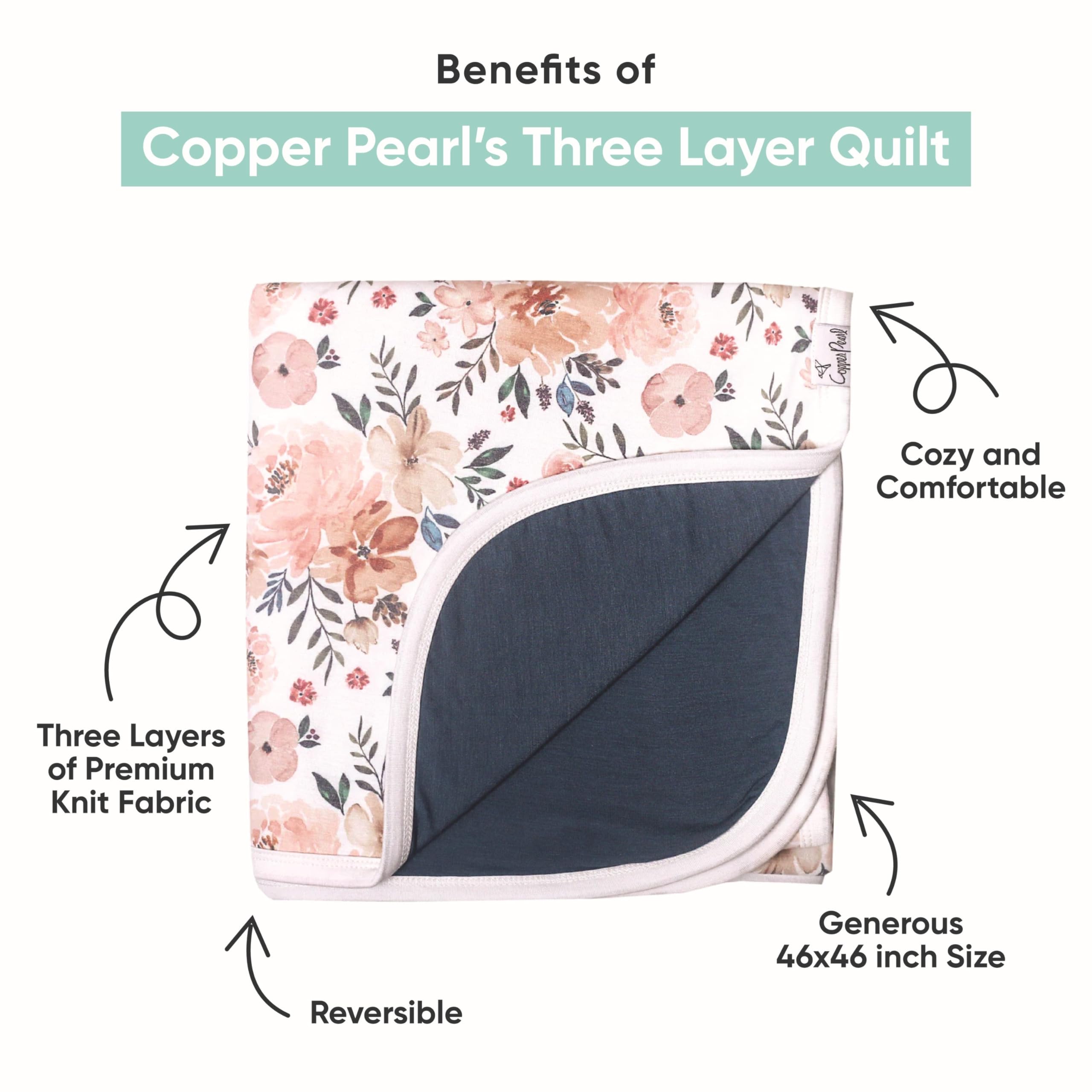 Copper Pearl Three-Layer Baby Blanket: Soft Quilts for Boys & Girls | Breathable, Cozy Toddler Blanket | Newborn Quilt | 46x46 Premium Polyester/Rayon Bloom