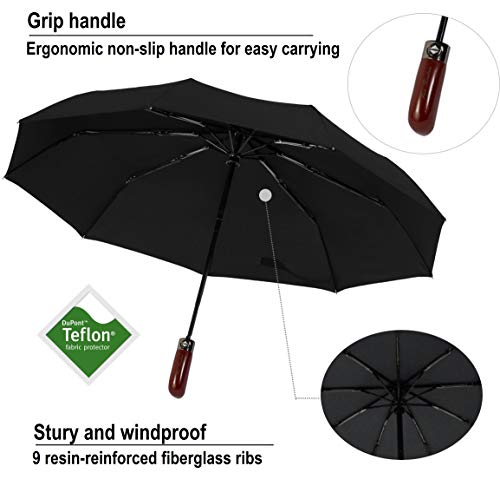 VAN BEEKEN Umbrella with Wooden Handle β Lightweight, Portable and Compact, Ideal for Travel β City Umbrella with Auto Open Close Function - Umbrella Windproof for Men