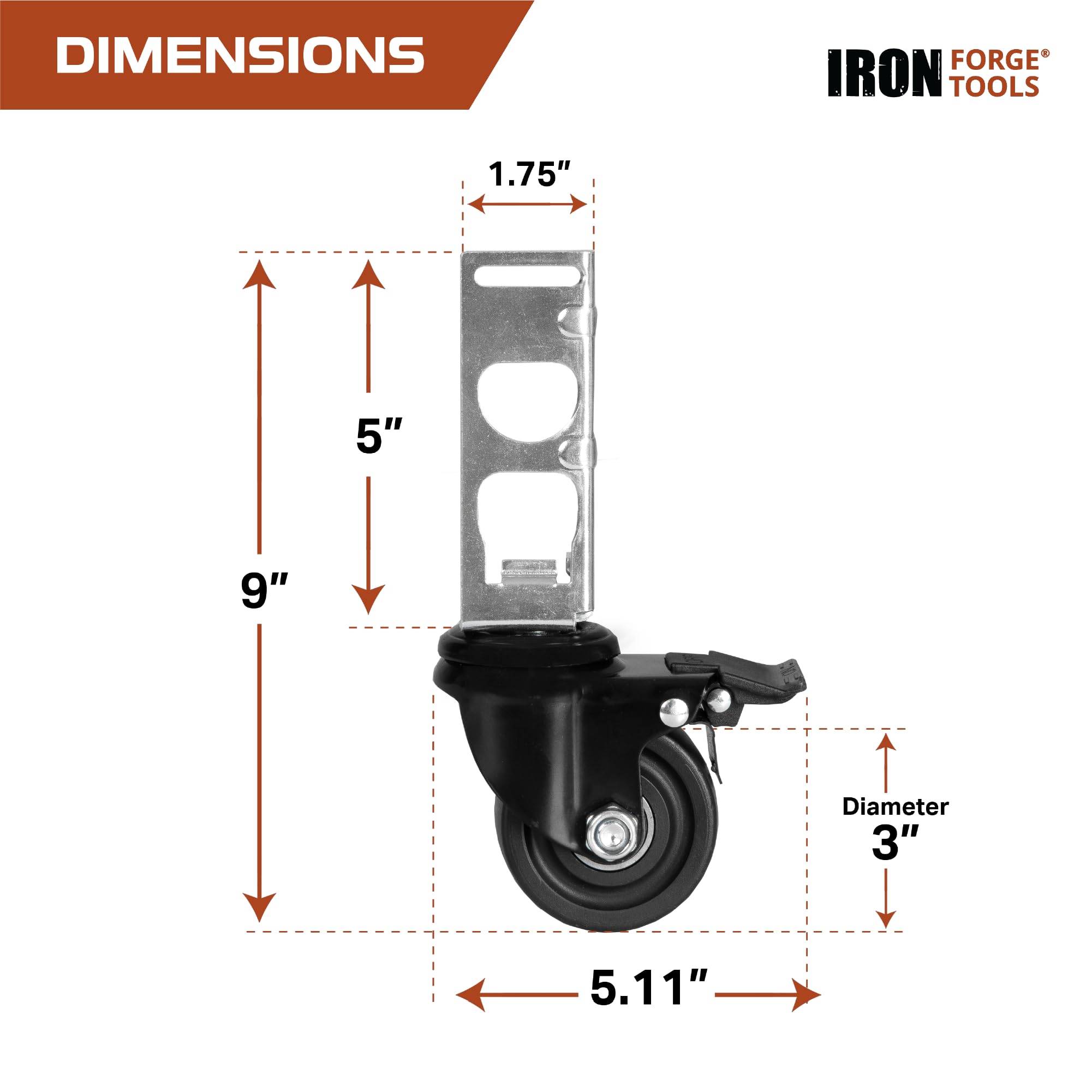 Iron Forge Tools Rolling Storage Rack Caster Wheels Heavy Duty - Set of 4 Locking Caster 3 Inch 1360 lb. Capacity for Boltless Self Locking Shelving Racks, Nylon and Steel Ball Bearing Wheels