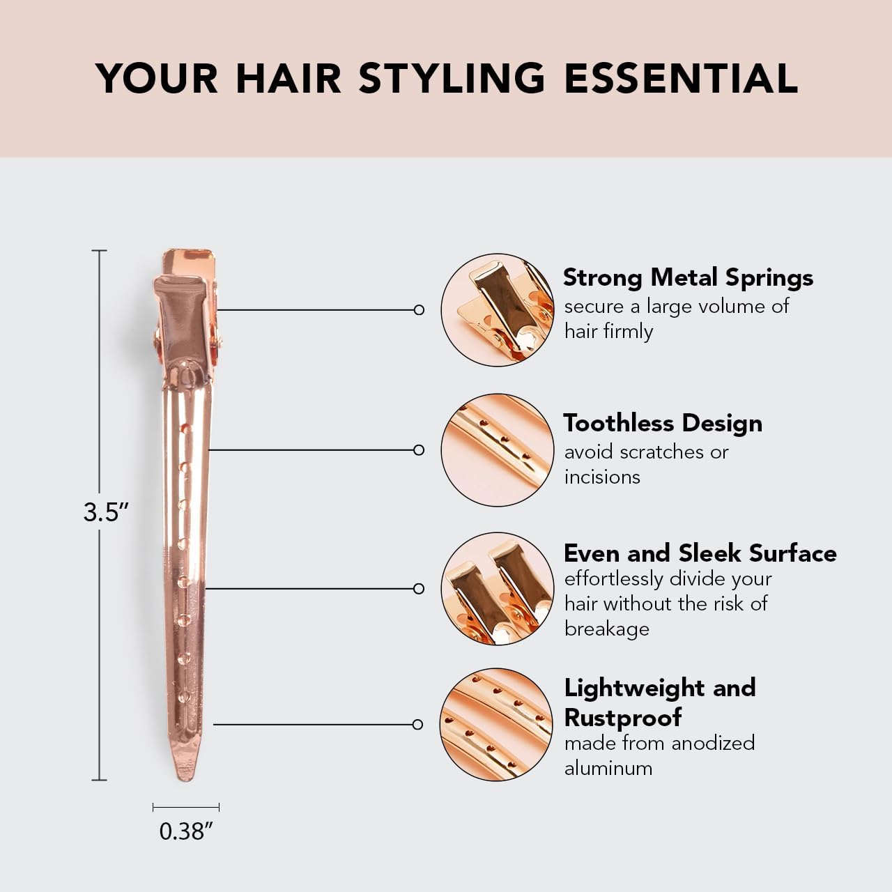 Kitsch Metal Duck Billed Hair Clips - Hair Styling Clips for Sectioning, Cutting, Coloring, Blow Drying and Makeup | Salon Quality Accessories - 6pcs (Rose Gold)