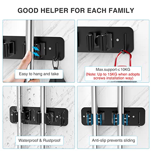 Mop Broom Holder Wall Mounted SUS304 Stainless Steel, HOMEASY Mop Broom Organizer with 2 Installation Methods (No Drilling & Screw Drilling Installation 2 In 1), Mop Hanger Heavy Duty with Hooks, 2PCS