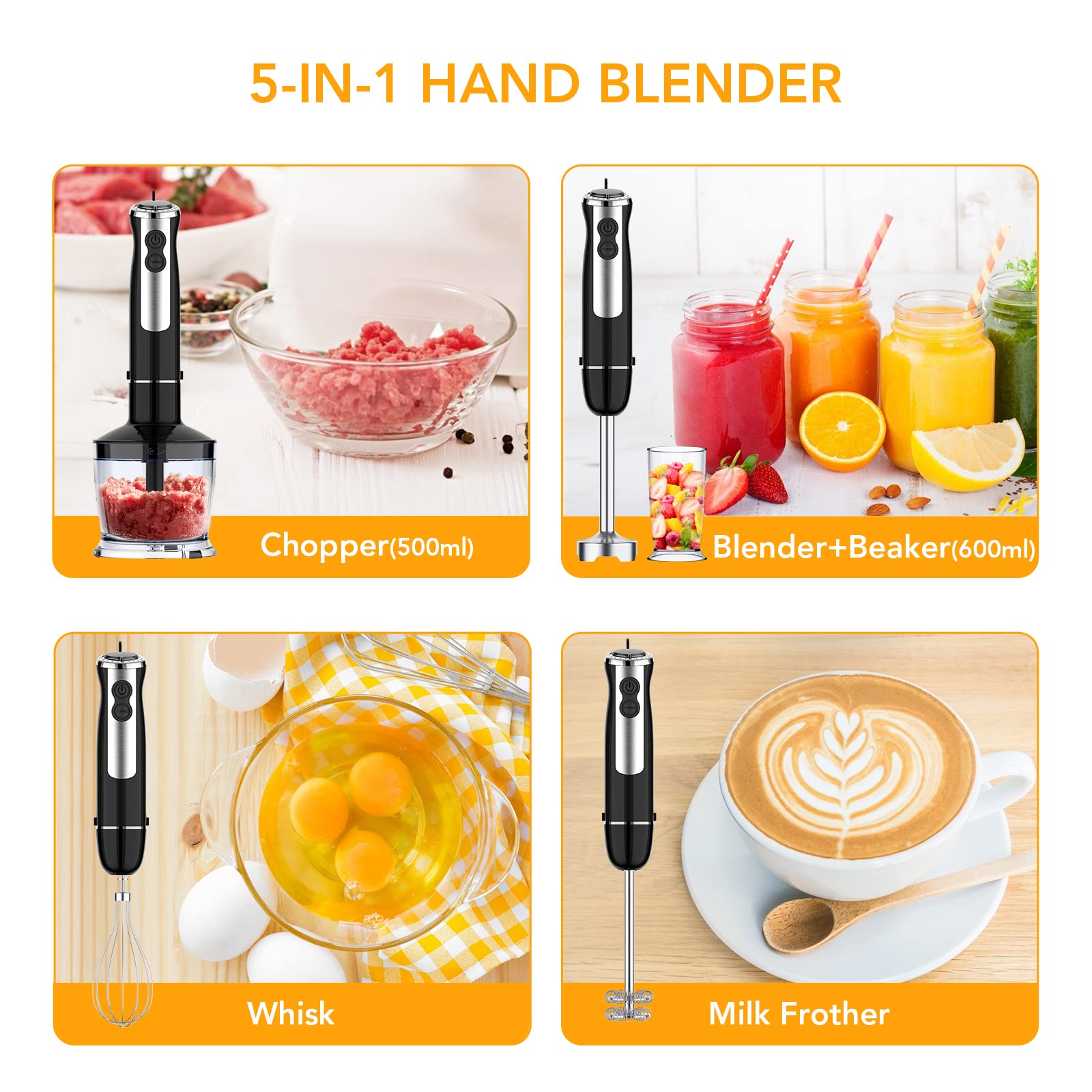 Adoolla 5-in-1 800 Watt Immersion Hand Blender Multi-Purpose, Stainless Steel 12 Speed and Turbo Mode Hand Mixer, 600ml Mixing Beaker, BPA-Free with Whisk, Milk Frother Attachments