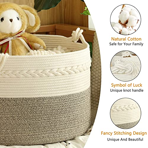 KAKAMAY Large Cotton Rope Blanket Basket (20"x13"),Woven Baby Laundry Hamper,Blanket Basket for Nursery, Laundry, Living Room, Pillows, Toys (White/Beige)