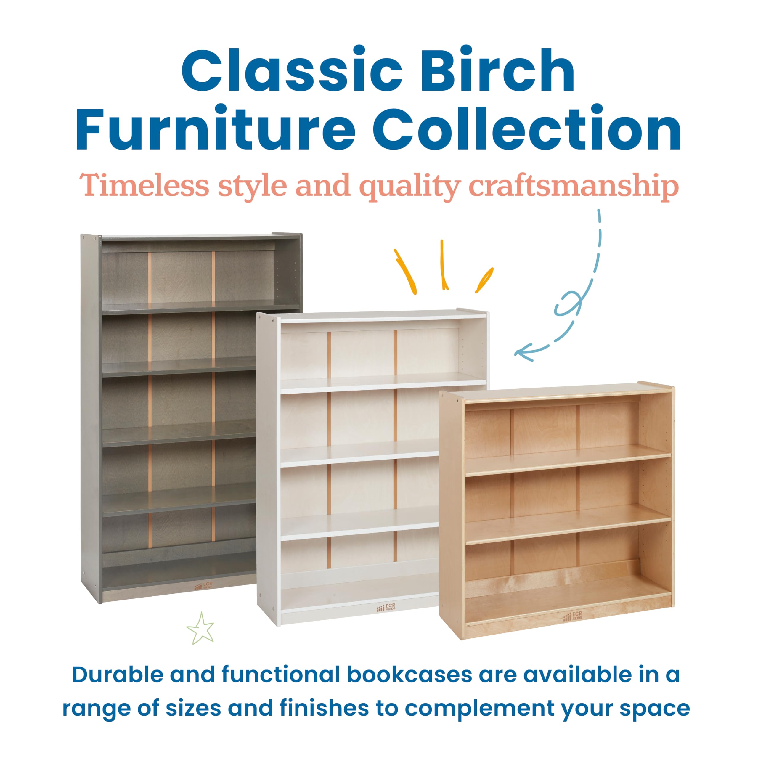 ECR4Kids Classic Bookcase, 36in, Adjustable Shelves, Grey Wash