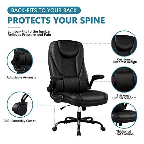 Guessky Office Chair, Executive Office Chair Big and Tall Office Chair Ergonomic Leather Chair with Adjustable Flip-Up Arms High Back Home Office Desk Chairs Computer Chair with Lumbar Support (Black)