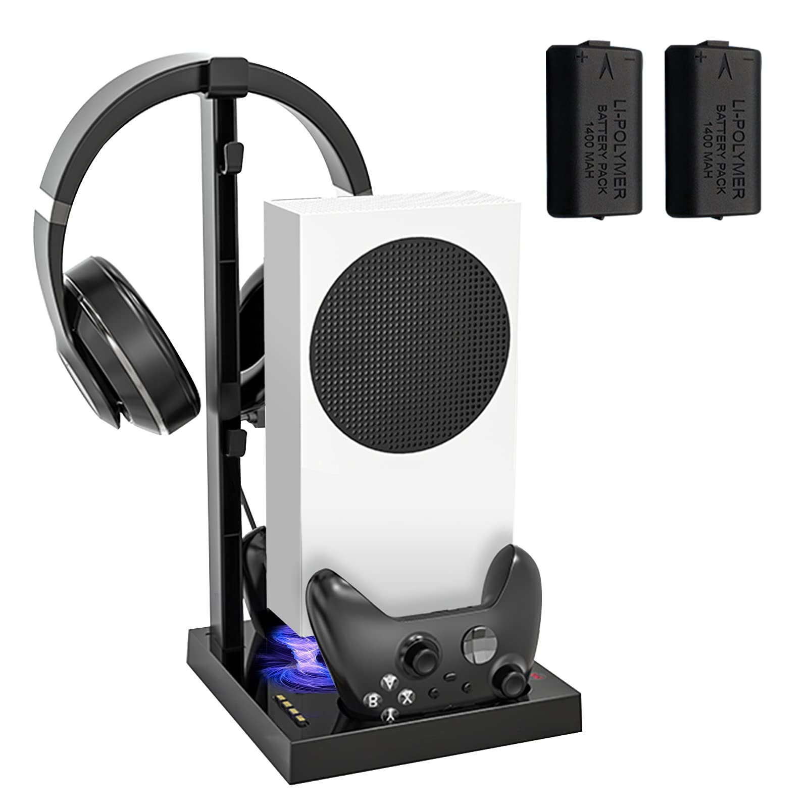 Cooling Fan Stand for Xbox Series S Console with Dual Cooler System, Vertical Charging Station Dual Controller Charger Dock with 2x1400mAh Rechargeable Battery Pack,1 Headset Hanger &4 Type C Adapter