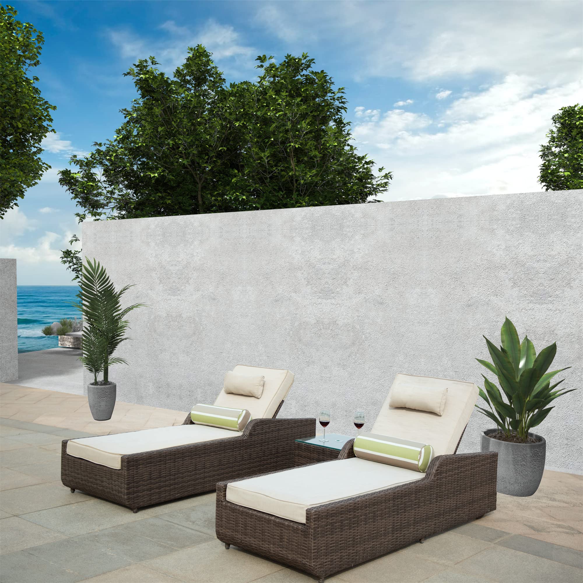 Abrihome® 3 Piece Outdoor Patio PE Rattan Adjustable Chaise Lounge Set with Cushion and Table (Brown)