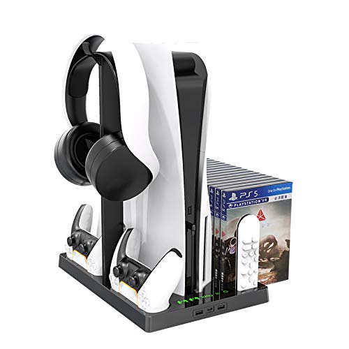 Cooling Fan Vertical Stand for Playstation 5 Console and Digital Edition, Controller Charging Station Dock for PS5 Dualsense Controller with Led Indicators and 15 Game Slots
