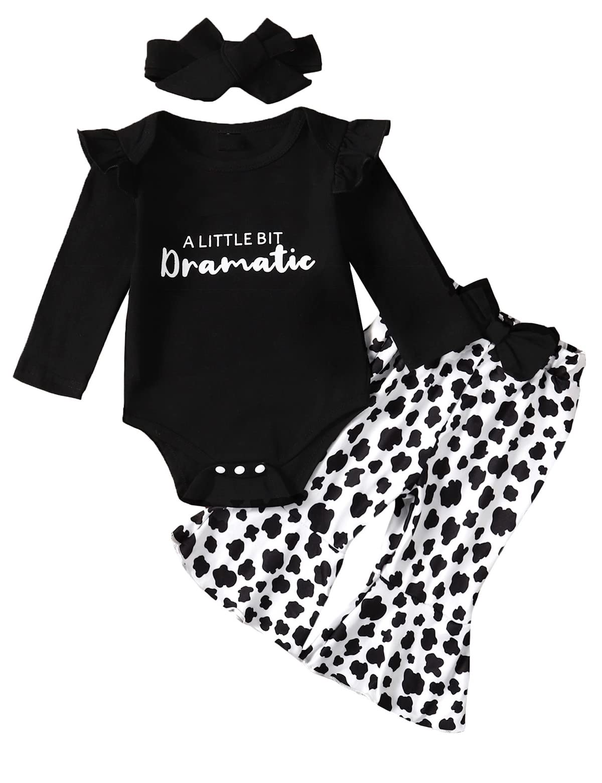 Aslaylme Baby Girl Clothes Flare Pant Outfit A Little Bit Dramatic Bodysuit (Black, 12-18 Months)