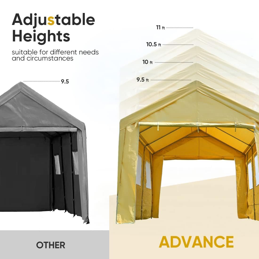 ADVANCE OUTDOOR 10x20 ft Heavy Duty Adjustable Carport with 6 Roll-up Ventilated Windows & Removable Sidewalls Car Canopy Garage Boat Shelter Party Tent, Peak Height from 9.5ft to 11ft, Beige Yellow