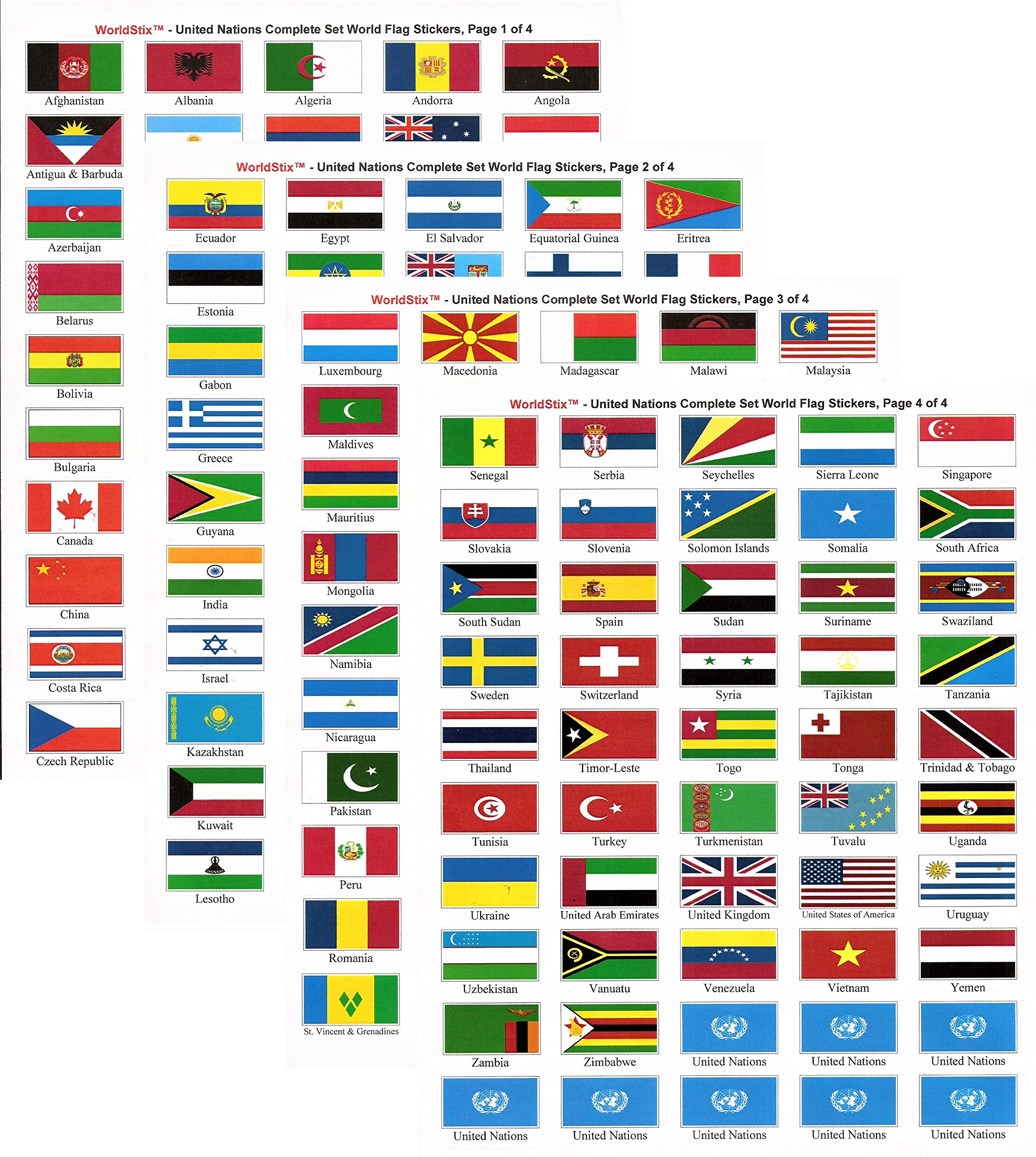 Made in The USA! United Nations Sticker Set with Country Name; 1.5" x 1" Self Adhesive Stickers for Every International Country in The United Nations Plus 7 UN Stickers, 200 Sticker Flags Total.