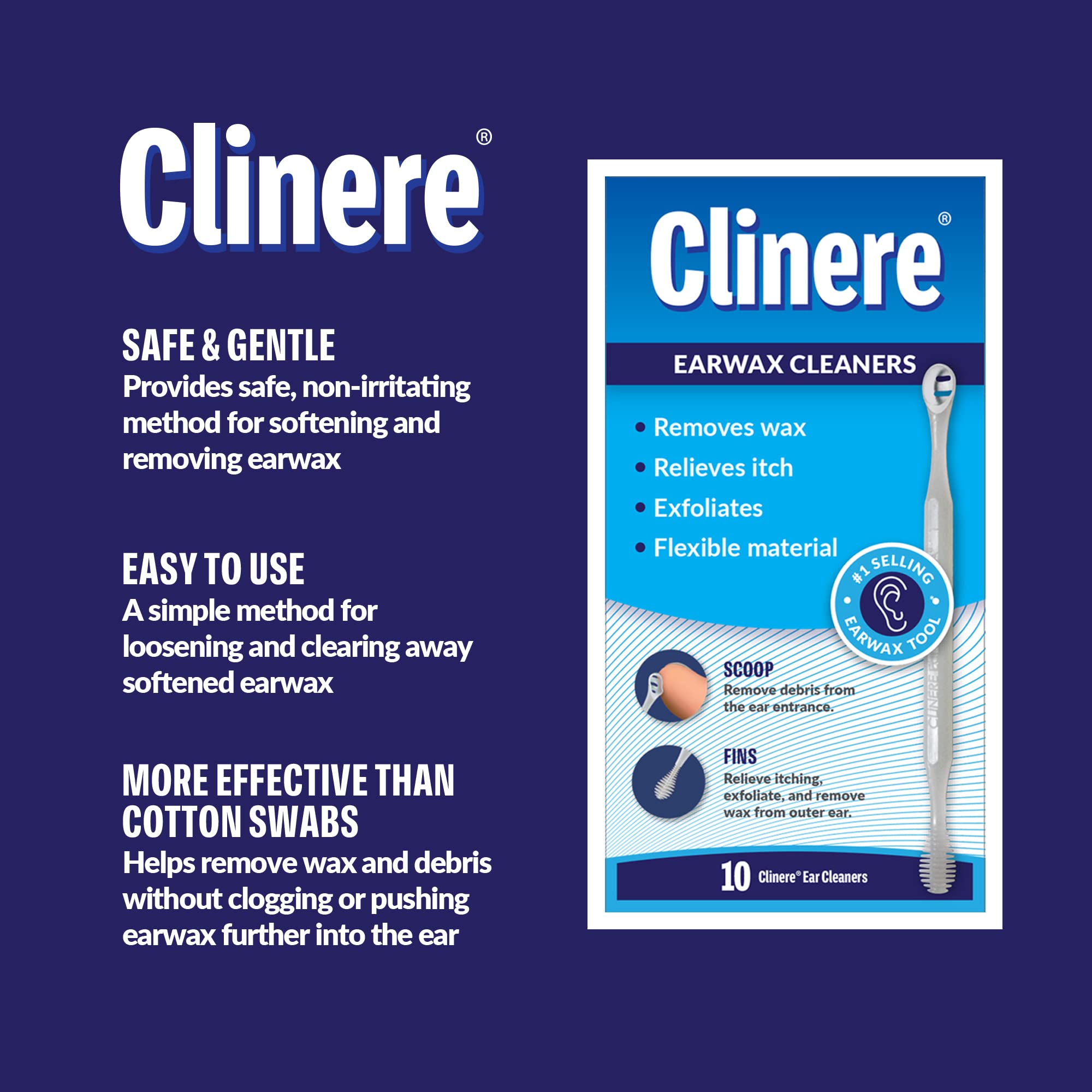 Clinere® Ear Cleaners, 10 Count Earwax Remover Tool Safely and Gently Cleaning Ear Canal at Home, Ear Wax Cleaner Tool, Itch Relief, Ear Wax Buildup, Works Instantly, Exfolimates, Earwax Cleaners.