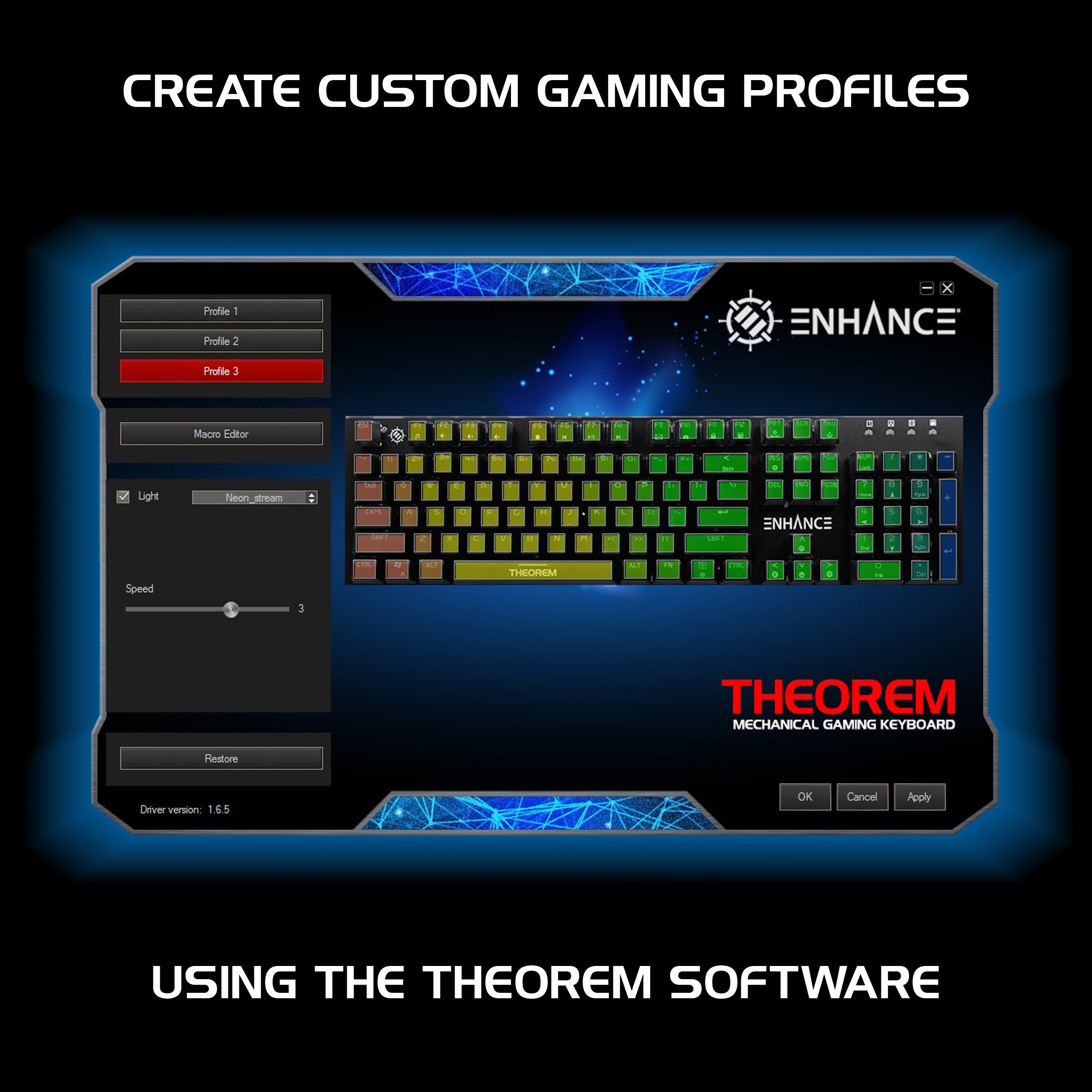 ENHANCE Mechanical Gaming Keyboard - Theorem Backlit LED RGB Gateron Blue Switches - Programmable Macros, Brushed Aluminum Metal, NKRO, Anti-Ghosting, Software Customization - 13 Lighting Effects