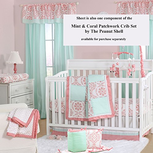 Coral Pink Medallion Fitted Crib Sheet - 100% Cotton Floral Damask Baby Girl Nursery and Toddler Bedding