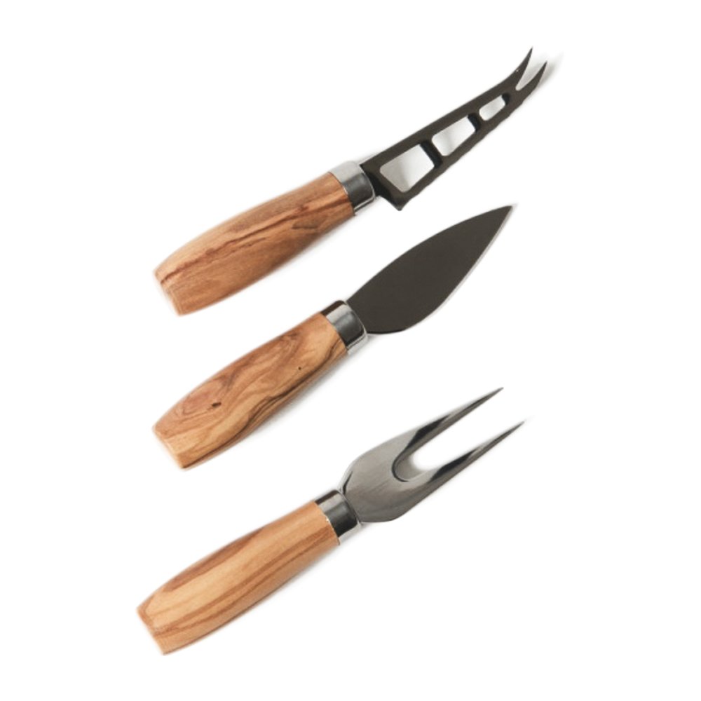 Berard 3-Piece Stainless Steel Cheese Knife Set with Olive Wood Handles (Hard Knife, Soft/Medium Knife and Cheese Fork)