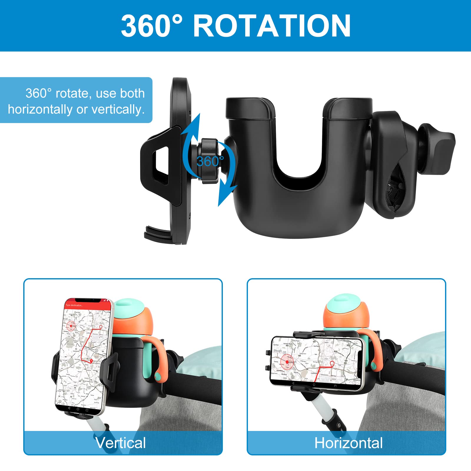 Accmor Universal Stroller Cup Holder with Phone Holder Mount, Bike Cup Holder, 2-in-1 Large Caliber Designed Cup Holder for Stroller, Bike, Wheelchair, Walker