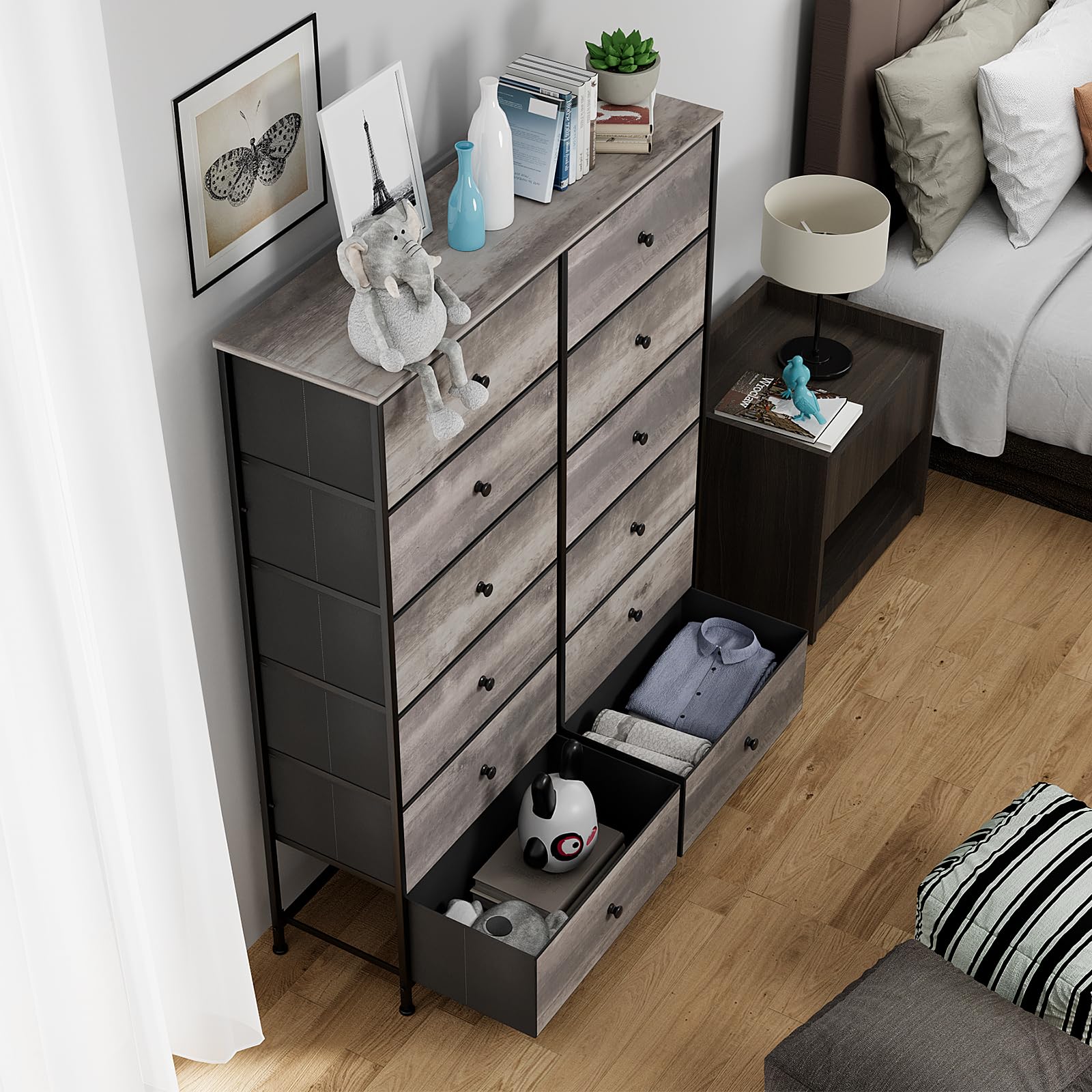 Arlopu 12-Drawer Dresser, 35.2ββ Widened 6-Layer Fabric Storage Tower w/Textured Print Fabric Bins, Tall Chest Organizer Unit for Living Room, Hallway, Nursery, Closets, Adjustable Feetpad