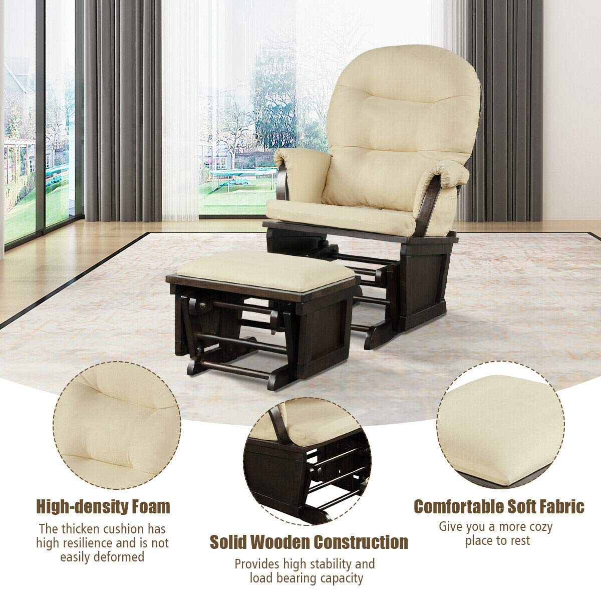 Enjoy Relaxing Home, Office, Sofa Recliner Deluxe Ergonomic Rocking Chair Lounge Glider Ottoman w/Footrest, Beige Brown
