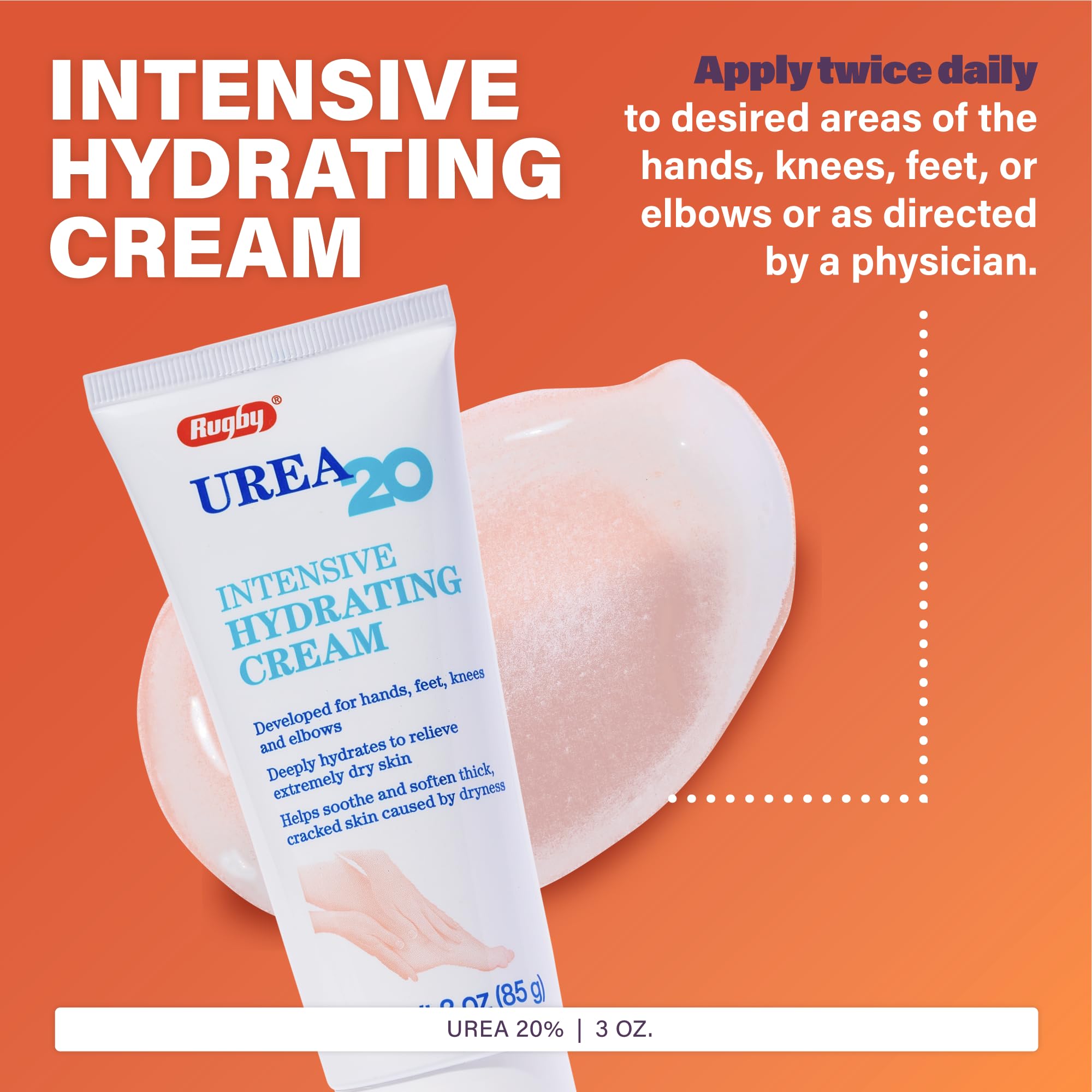 Rugby Urea 20% Intensive Hydrating Cream - Urea Cream for Feet, Hands, Knees, and Elbows - 20% Urea Intensive Strength Cream - 3 Oz
