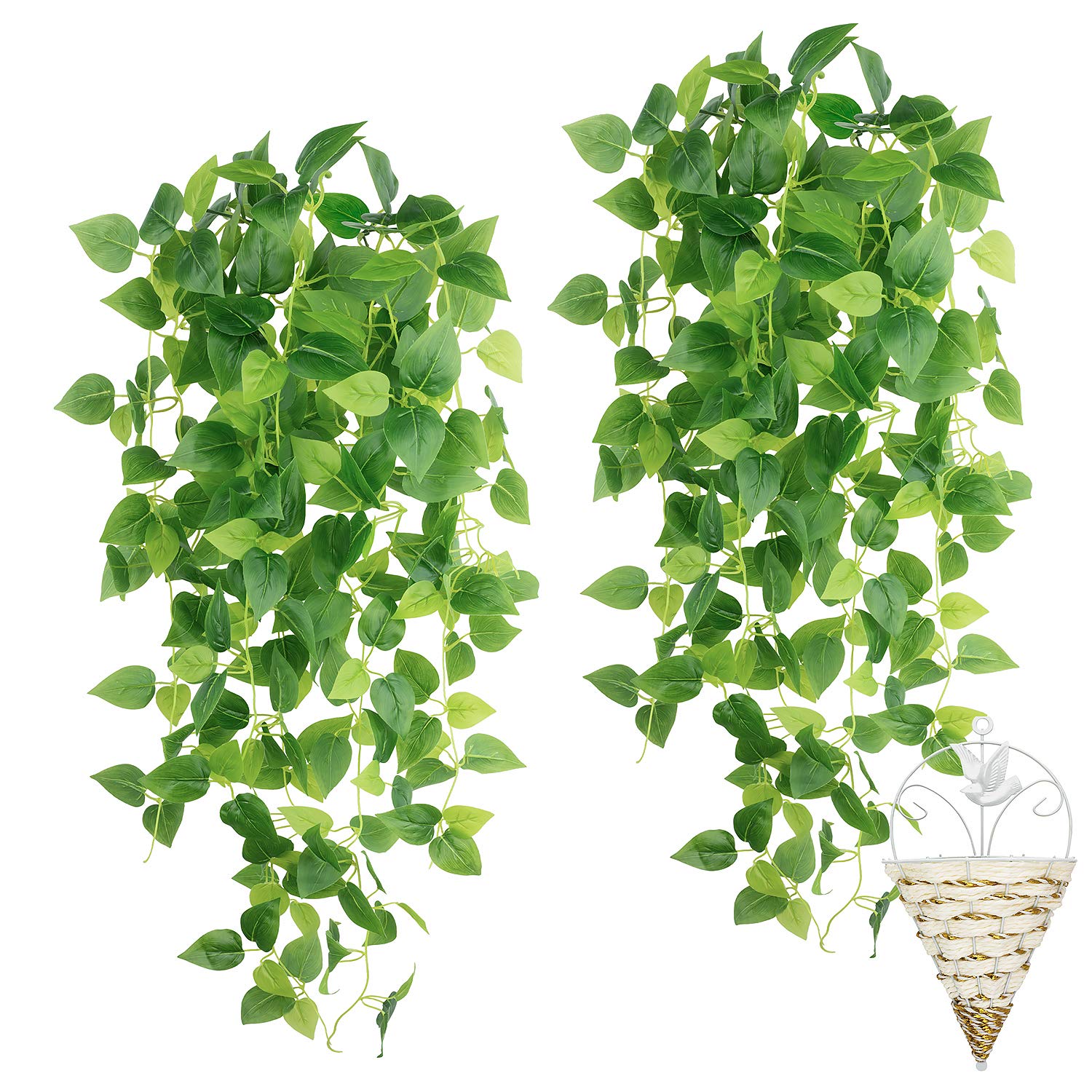 COOWAS 2pcs Artificial Hanging Plants 3.2 Feet Fake Ivy Vine Leaves Greenery for Wedding Party Outdoor Garden Office Home Kitchen Bedroom Wall Decor (Basket Includes)