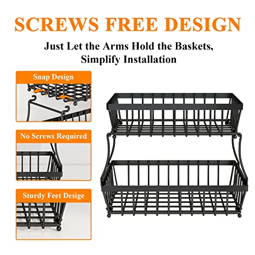 GILLAS 2 Tier Fruit Basket Countertop for Kitchen, Vegetable Bread Basket Fruit Bowl Storage Stand Detachable Metal Rectangular Wire Basket Black Medium