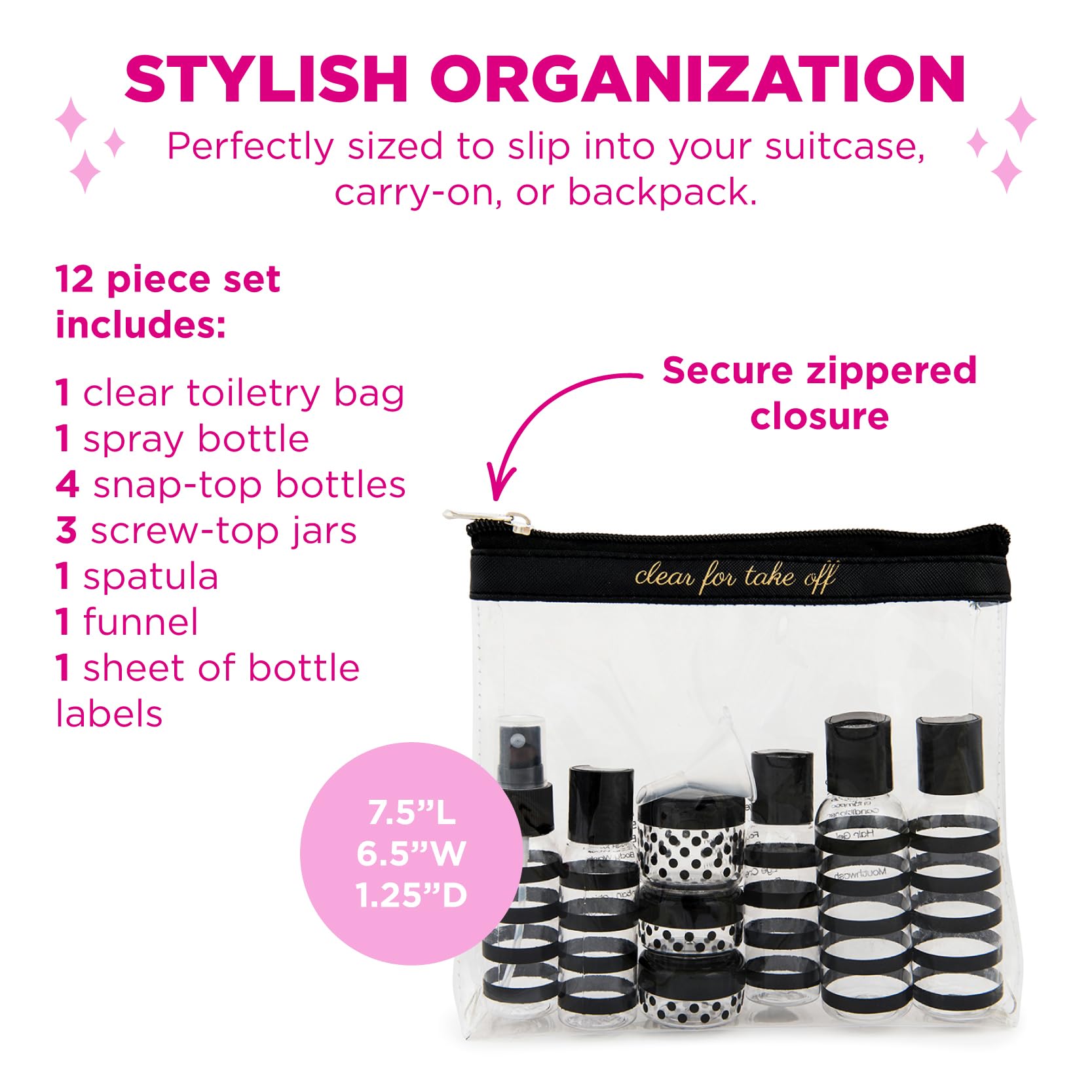 Miamica “Clear for Take Off” TSA Compliant Travel Bottles and Travel Toiletry Bag – Includes 12 Pieces – 7.55" L x 7.4" W x 1.8" D, Clear/Black – Cute Travel Gifts