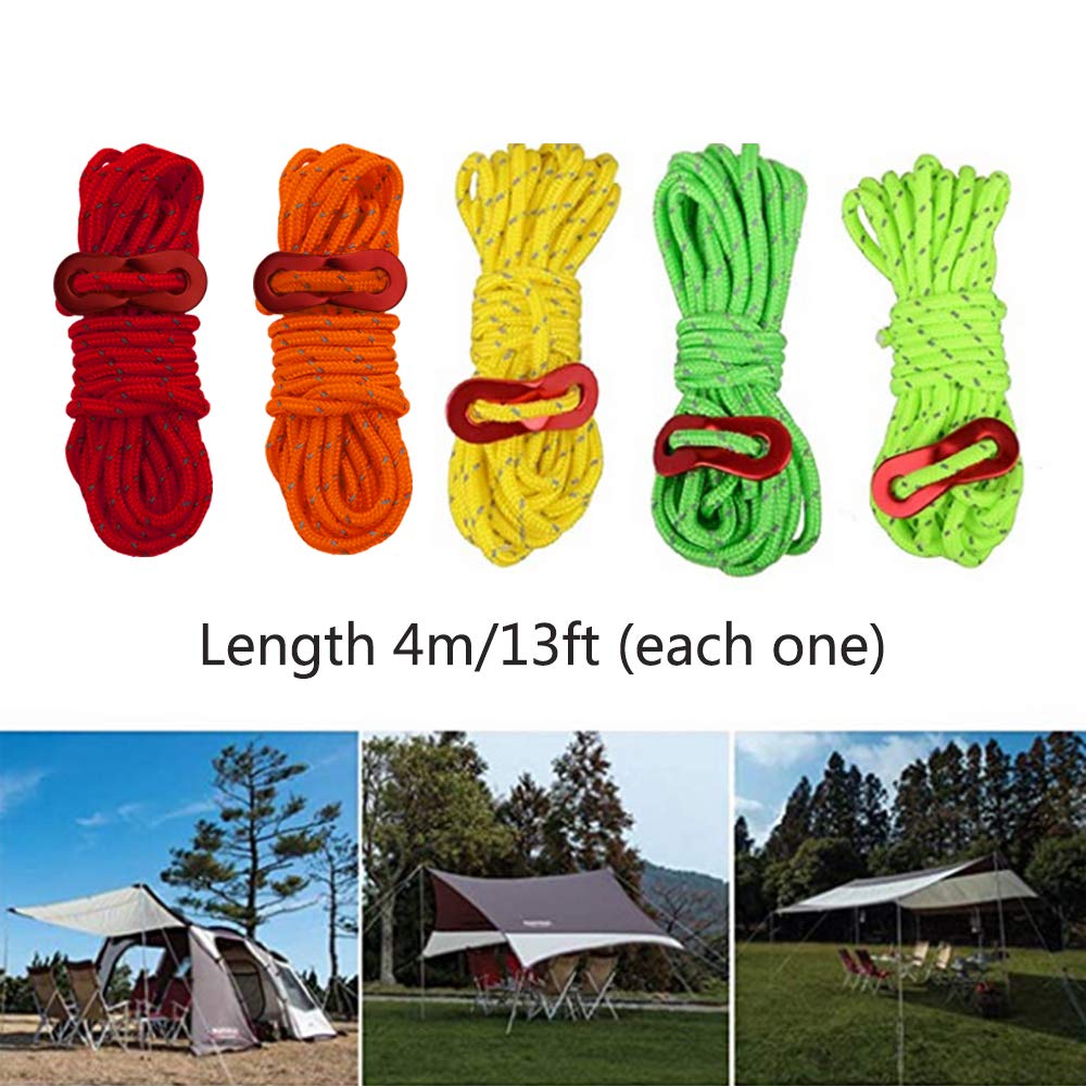 Acenilen 6 Pack Reflective Guyline Tent Rope with Aluminum Adjuster, Tent Kit for Camping Tent & Hiking Accessories - 4mm Thick and 4 Metre Length