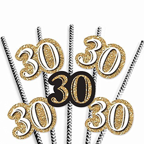 Adult 30th Birthday - Gold - Paper Straw Decor - Birthday Party Striped Decorative Straws - Set of 24