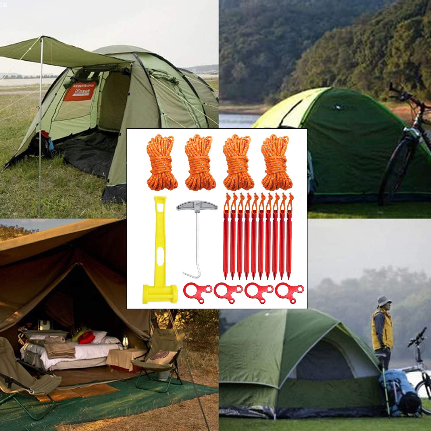 Allazone 20 PCS Aluminum Lightweight Tent Stakes Set, Camping Tent Stakes Accessories Kit, 10 PCS Tent Stakes, Plastic Hammer, Nail Puller and Rope with Guylines Adjuster for Easy Camping
