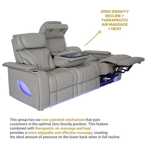 Armen Living Octavia Modern Zero Gravity Power Reclining Heated Massage Sofa, 86" Wide, Silver and Gray Top Grain Leather