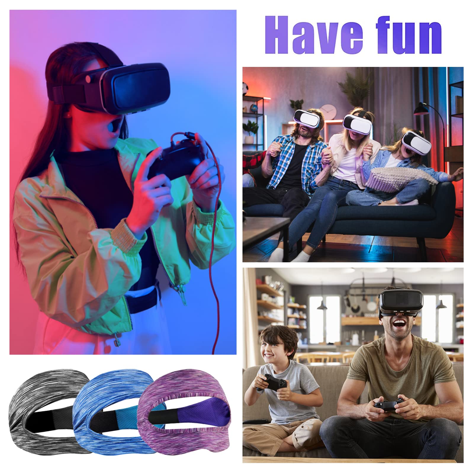 3PCS VR Masks Sweat Band Eye Mask Face Cover Breathable Elastic Sweat Band for Oculus Go Quest 2 Virtual Reality Headsets VR Accessories for VR Workouts Use (Black Blue Purple)