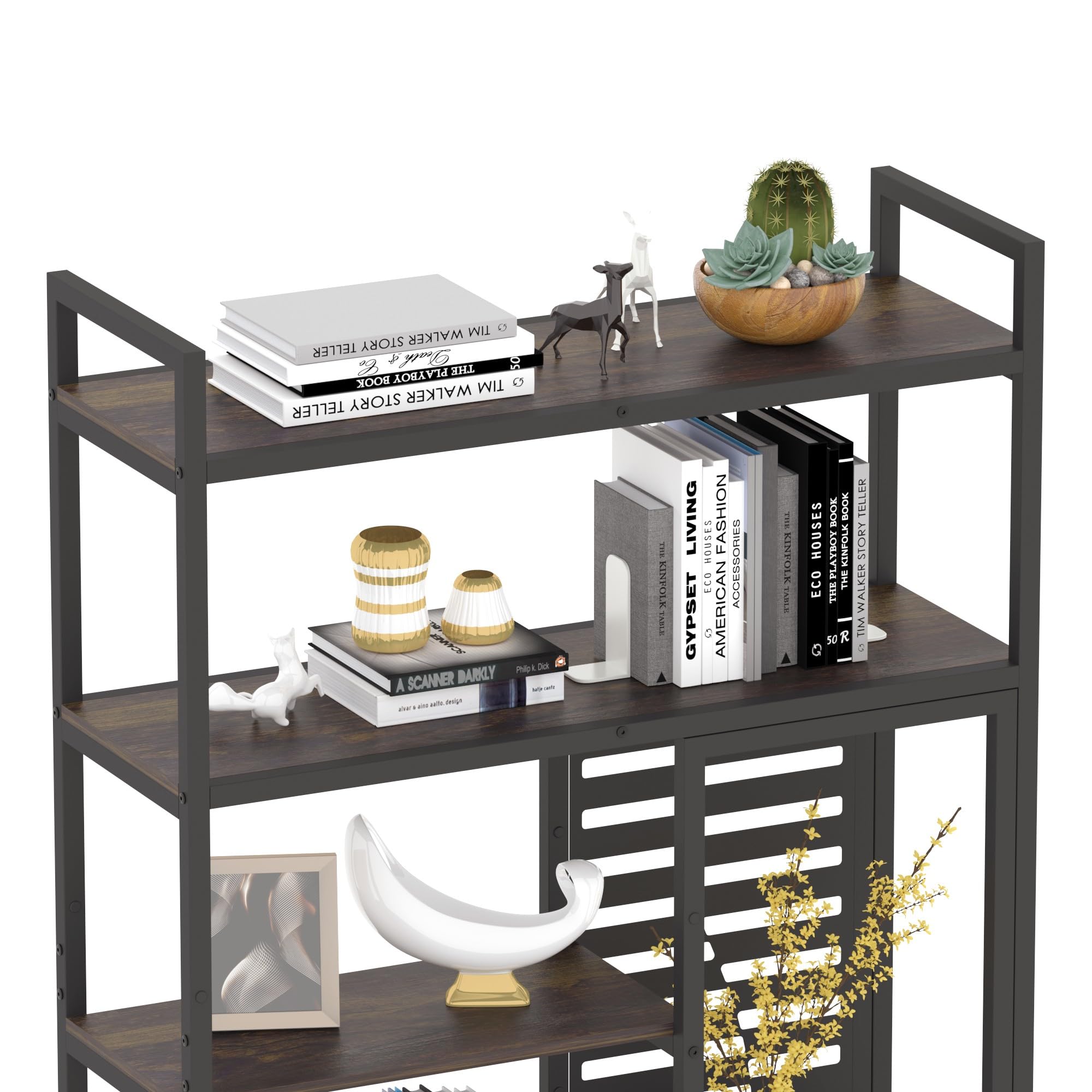 Anivia 5-Tier Modern Adjustable Bookshelf Wood Bookcase Shelves with Metal Frame for Home Office, Cherrywood and Black