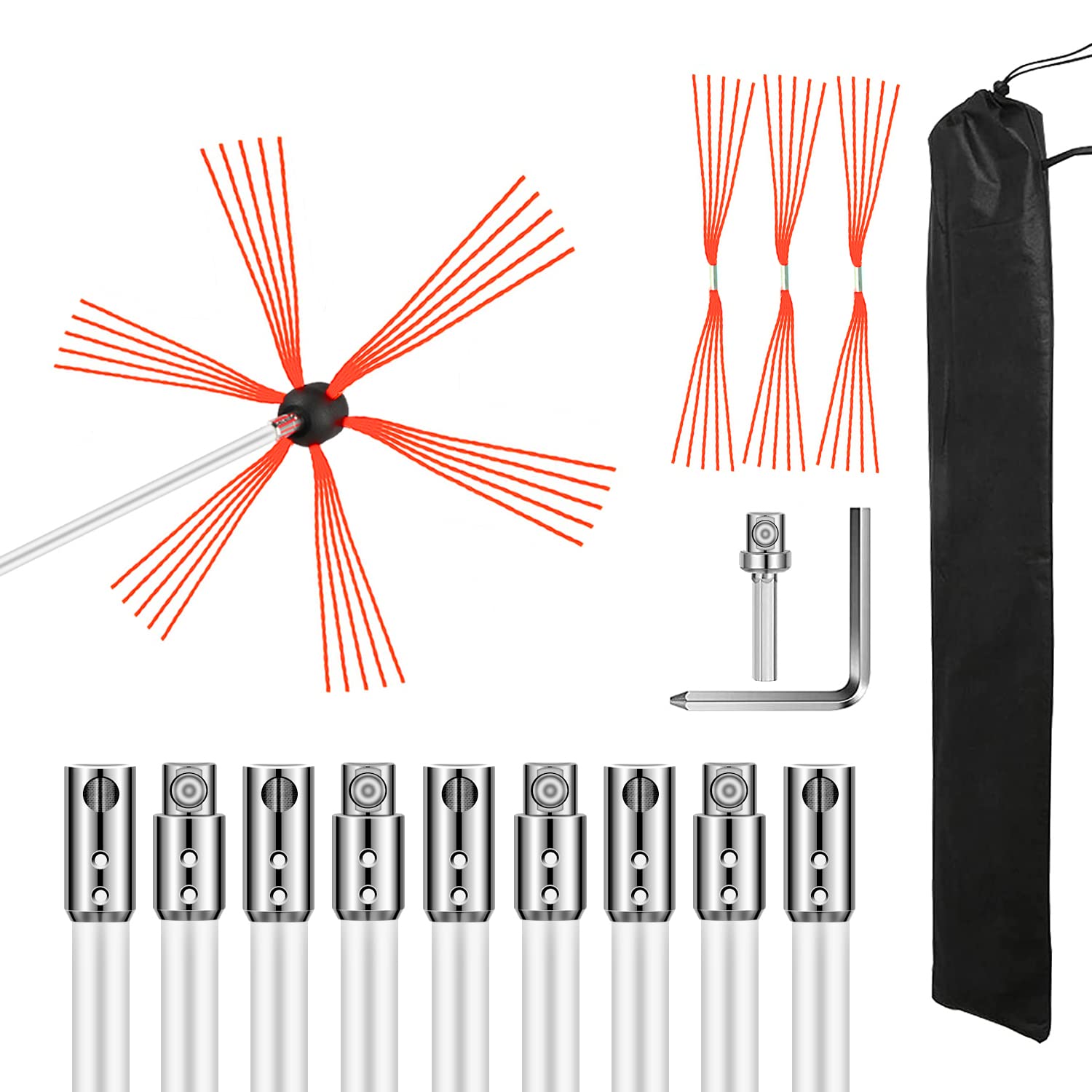 CLLVGOKD Chimney Sweep Kit 30 FT Chrome Button Locking System Chimney Cleaning kit with 9 Reinforced Nylon Flexible Rods Snap Locking 45 Degree Angle Driven by Drill for Fireplace Flue Home Use