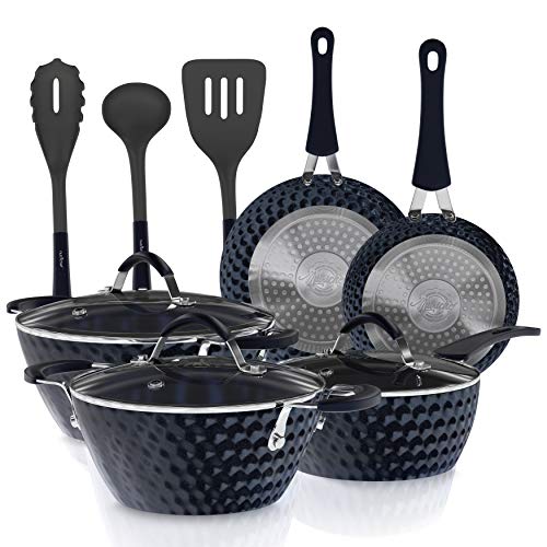 Nutrichef 11 Piece Nonstick Ceramic Cookware Excilon Home Kitchen Ware Pots & Pan Set with Saucepan Frying Pans, Cooking Pots, Lids, Utensil PTFE/PFOA/PFOS Free, Blue Diamond Pcs