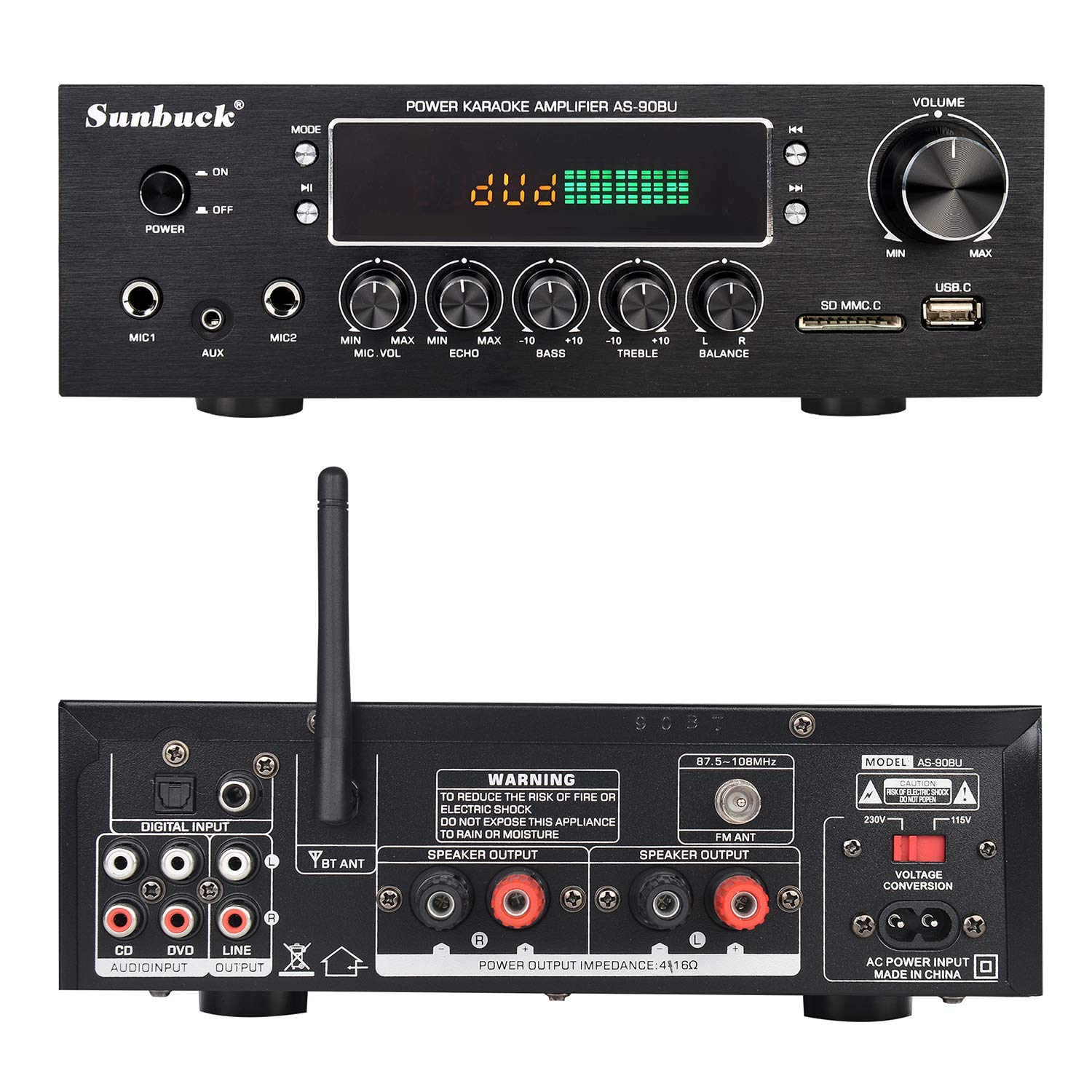 Wireless Bluetooth Home Audio Amplifier β 400W Dual Channel Home Theater Sound Compact Stereo Receiver System w/FM Radio, USB/SD, AUX, RCA, Mic in, Remote Control for Sweet Sound. (Sunbuck AS-90BU)