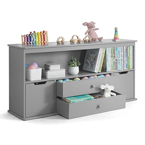 Fencer Wire Toy Storage Organizer with 4 Drawers, Toy Organizer Bins, for Kids, Boys, Girls, Bookshelf for Reading, Storing, Playing, Kids Room Organizers and Storage, Toy Shelf for Toddler, Grey